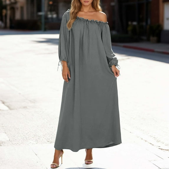 Conairie Women Flowy Dresses Solid Color Crew Neck Loose Elegant Long ...