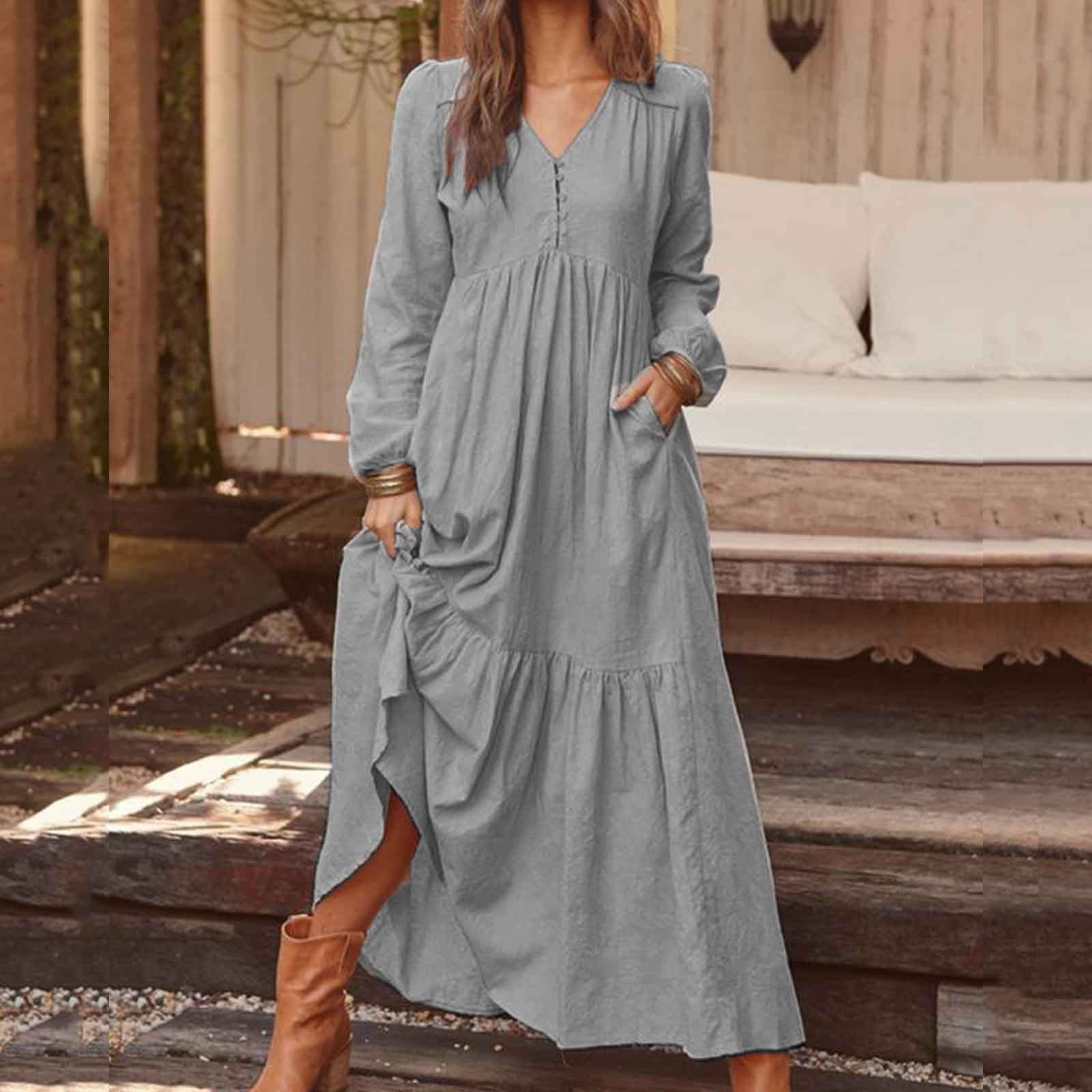 Conairie Women Flowy Dresses Solid Color V Neck Loose Stretch Elegant ...