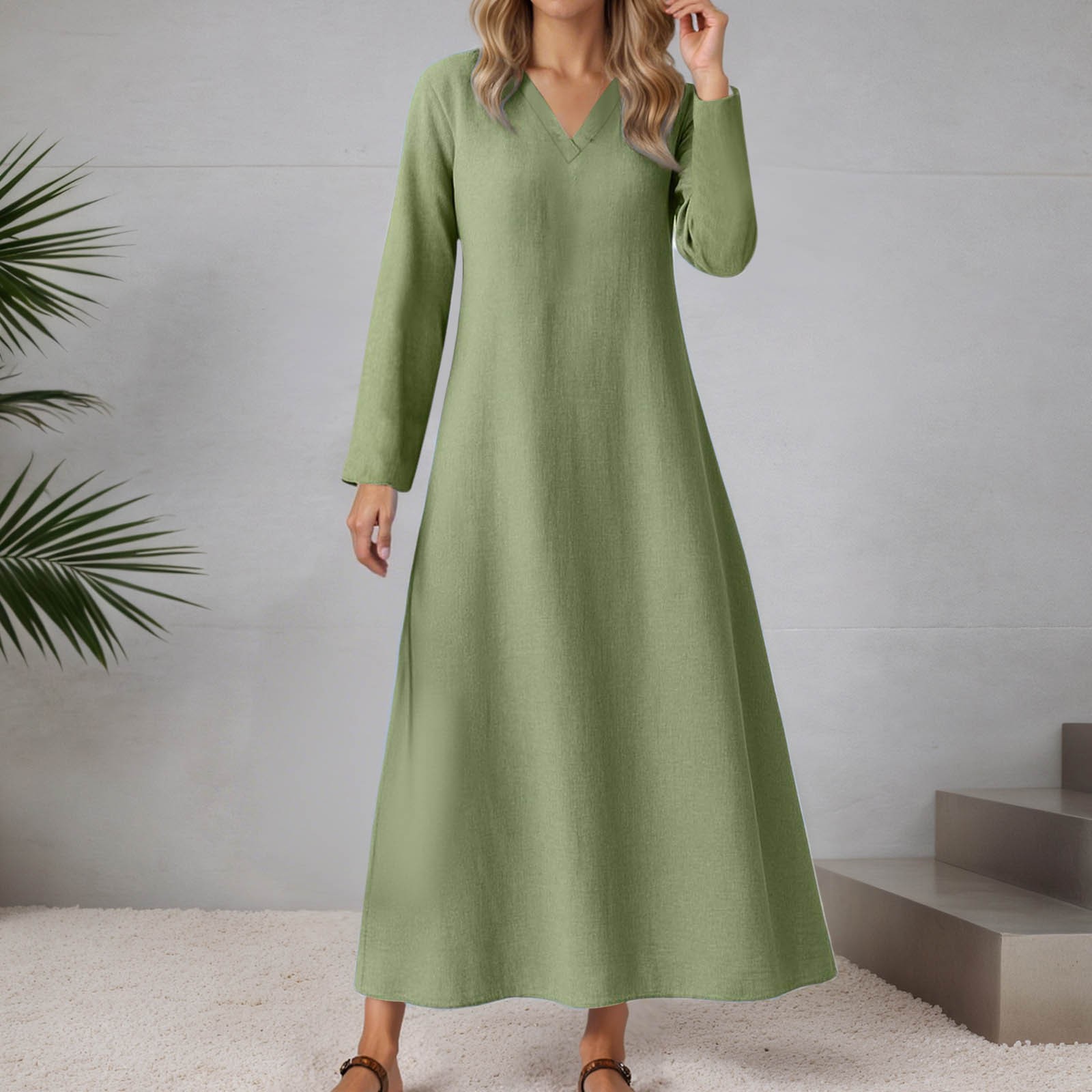 Conairie Women Flowy Dresses Solid Color V Neck Loose Stretch Fashion ...