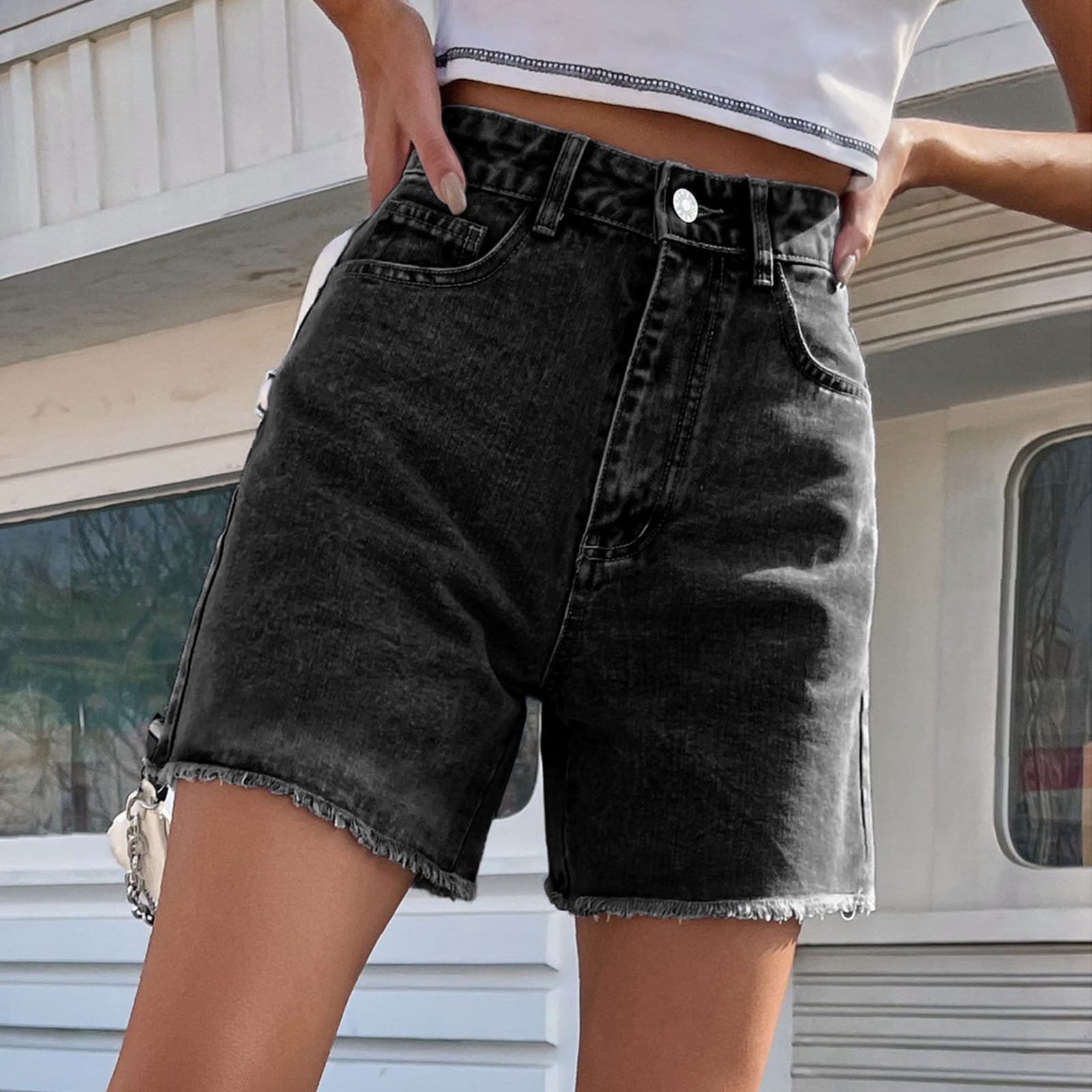 Conairie Women High Waist Loose Fit Denim Shorts Solid Color Stretchy ...