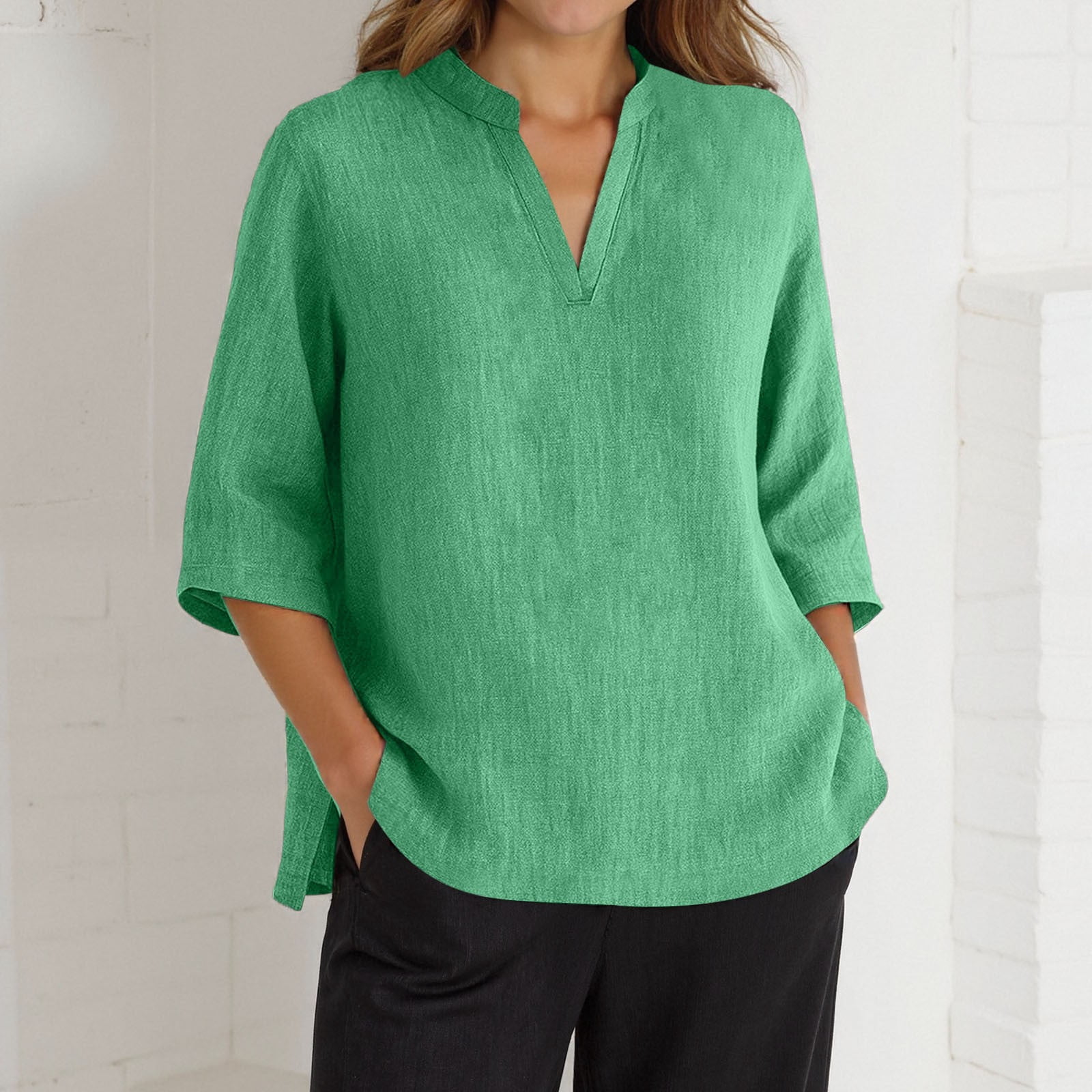 Conairie Women Linen Shirts 3/4 Sleeve V Neck Tee Loose Casual Summer ...