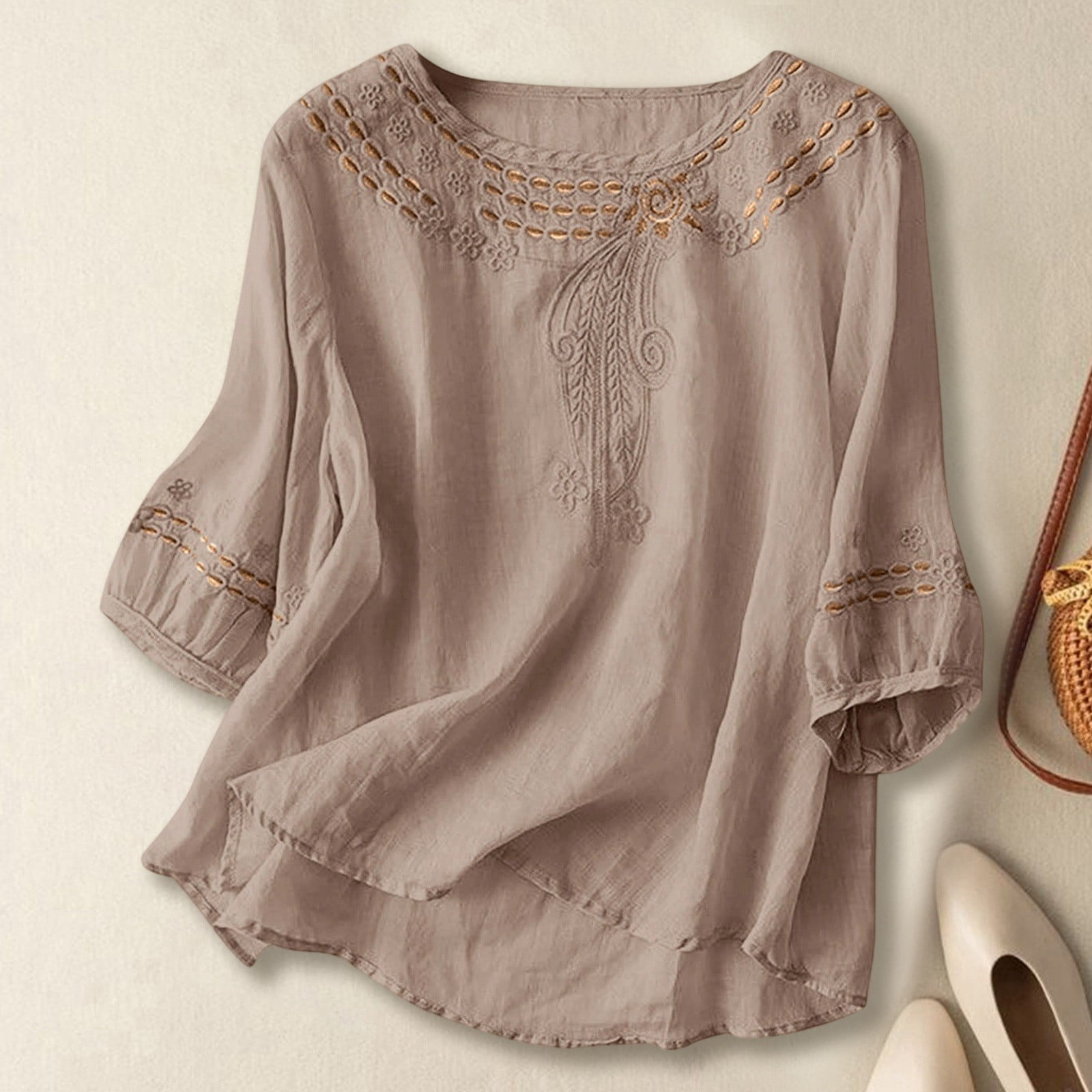 Conairie Women Linen Shirts Half Sleeve Crew Neck Blouses Embroidery ...