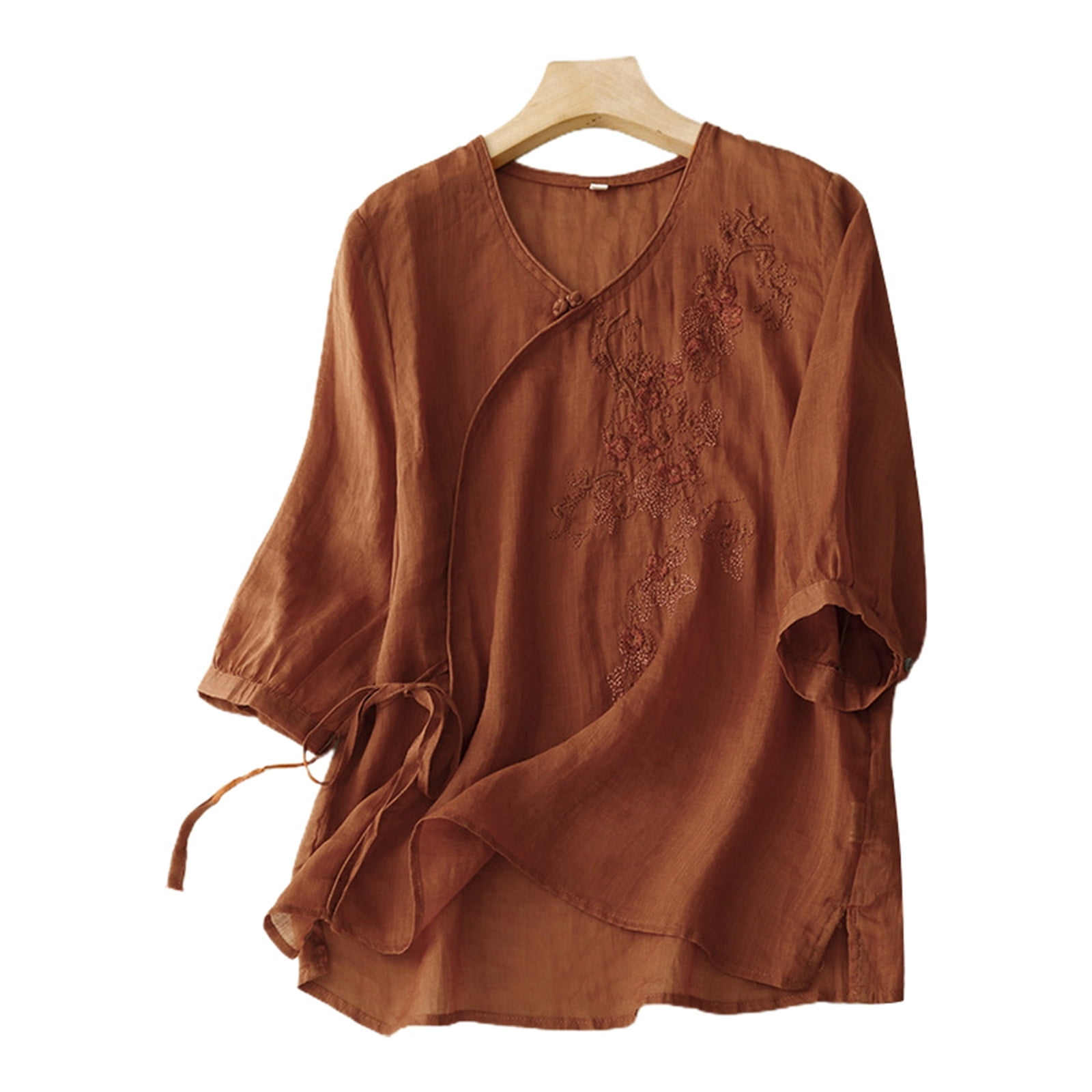 Conairie Women Linen Shirts Half Sleeve Crew Neck Tee V Neck Embroidery ...