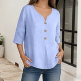Conairie Women Linen Shirts Half Sleeve V Neck Tee Solid Color Button ...