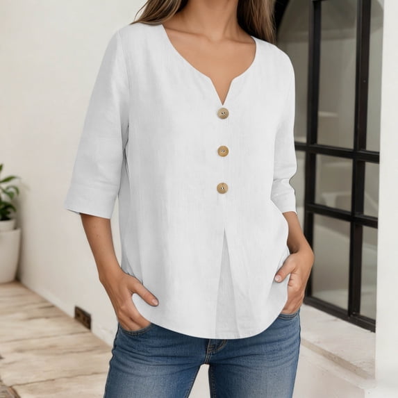 Conairie Women Linen Shirts Half Sleeve V Neck Tee Solid Color Button ...