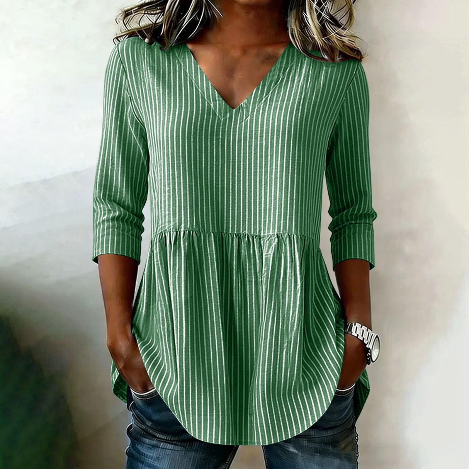 Conairie Women Linen Shirts Half Sleeve V Neck Tops Striped Washed ...