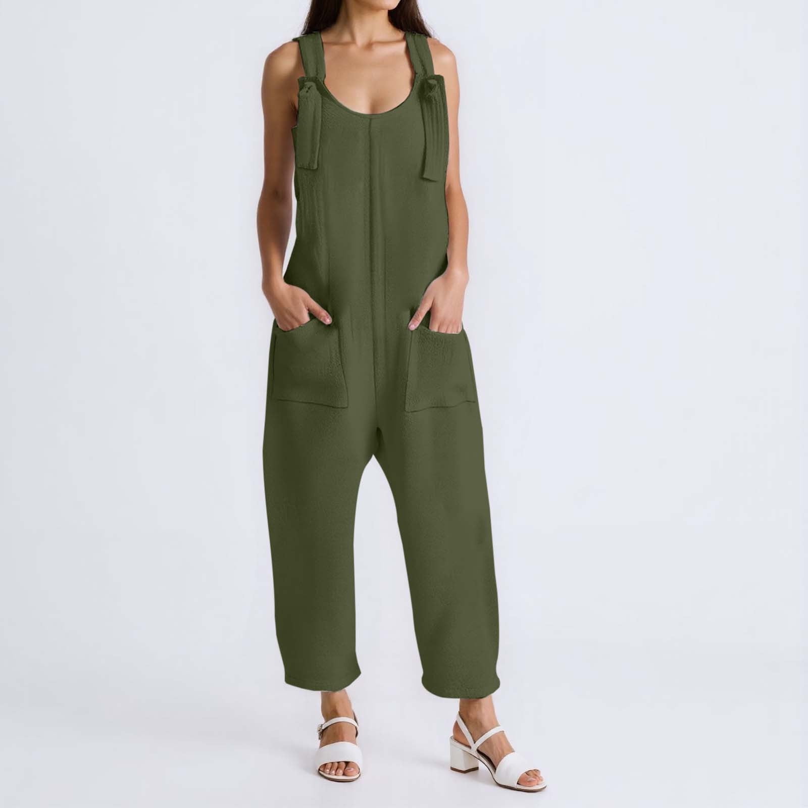 Conairie Women Overalls Solid Color Stretchy Sleeveless Long Romper ...