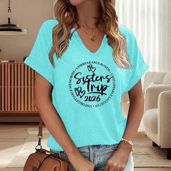 Conairie Women Short Sleeve Shirts Letter Print Loose V Neck T Shirts ...