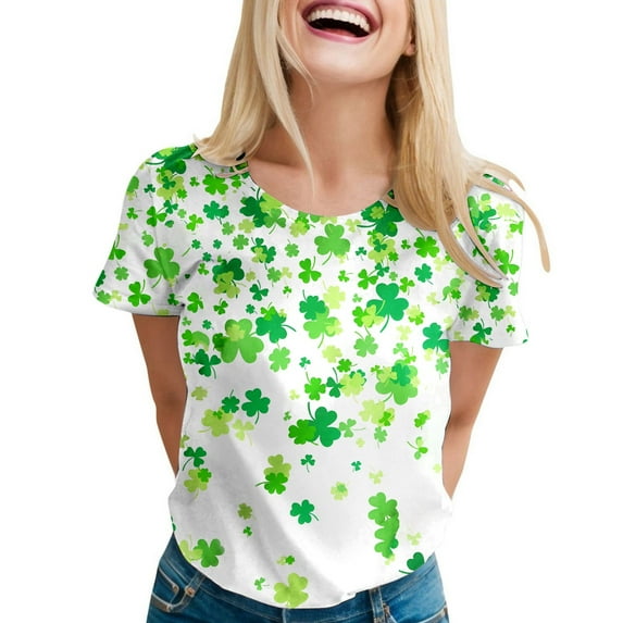 Conairie Women St Patricks Day Shirt Fashion Clover Print Crew Neck ...