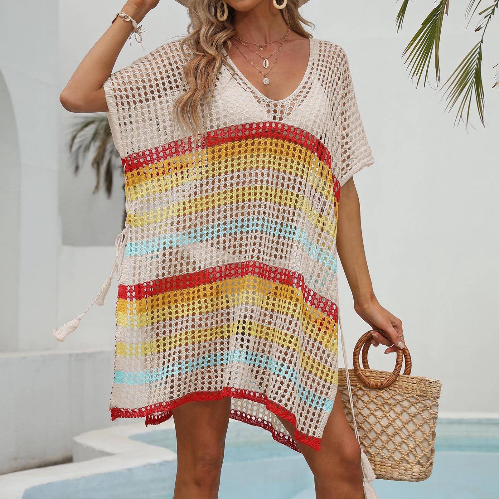 Conairie Women Swimsuit Coverup Short Sleeve Loose Hollow Knit Bathing ...