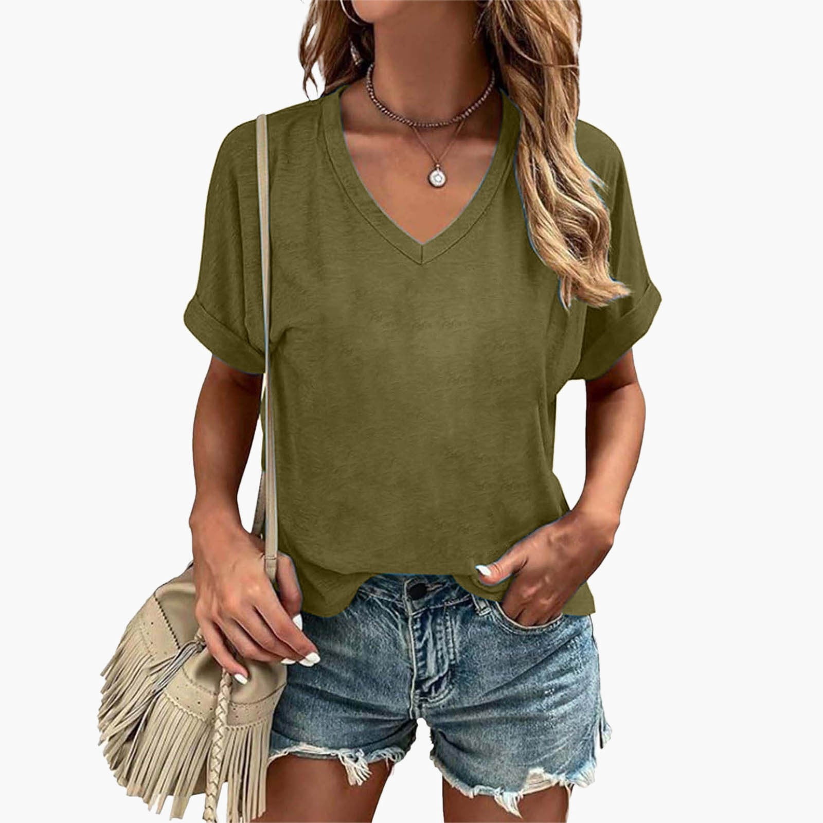 Conairie Women V Neck Shirts Solid Color Loose Short Sleeve T Shirts ...