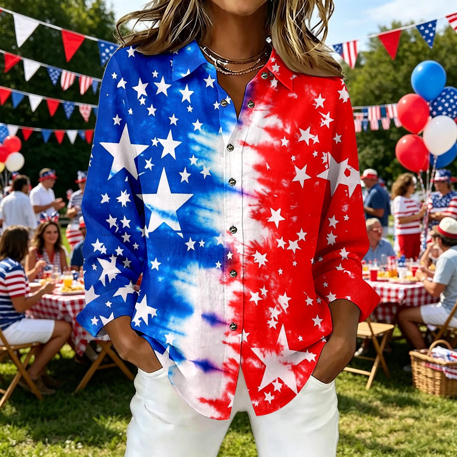 Conairie Womens 4th of July Shirts Loose Long Sleeve Button Down ...