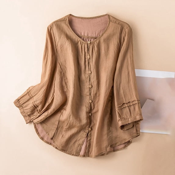 Conairie Womens Linen Shirts Long Sleeve Crew Neck Tops Vintage ...