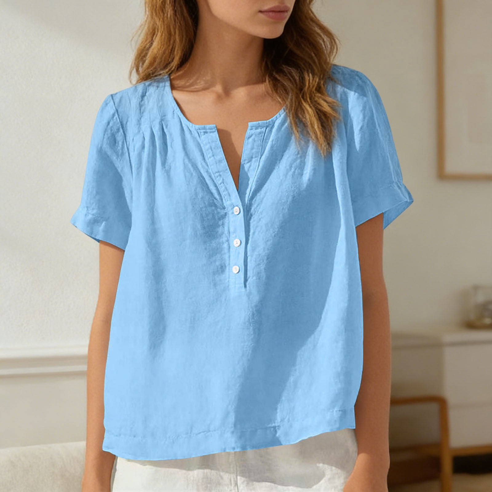 Conairie Womens Linen Shirts Short Sleeve V Neck Blouses Solid Color ...