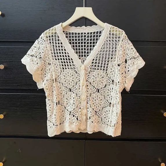 Conairie Womens Short Sleeve Cardigans Summer Crochet Solid Color Tops ...