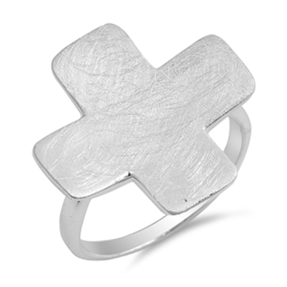 Concave Brushed Large Christian Cross Ring .925 Sterling Silver Band ...