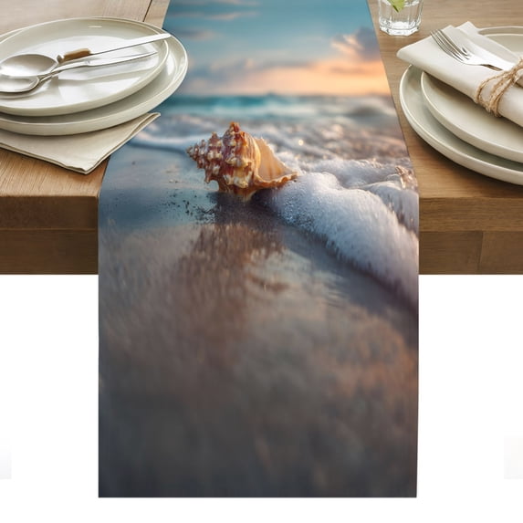 Conch Cotton Linen Table Runner Sunset Seaside Ocean Waves Seashell ...
