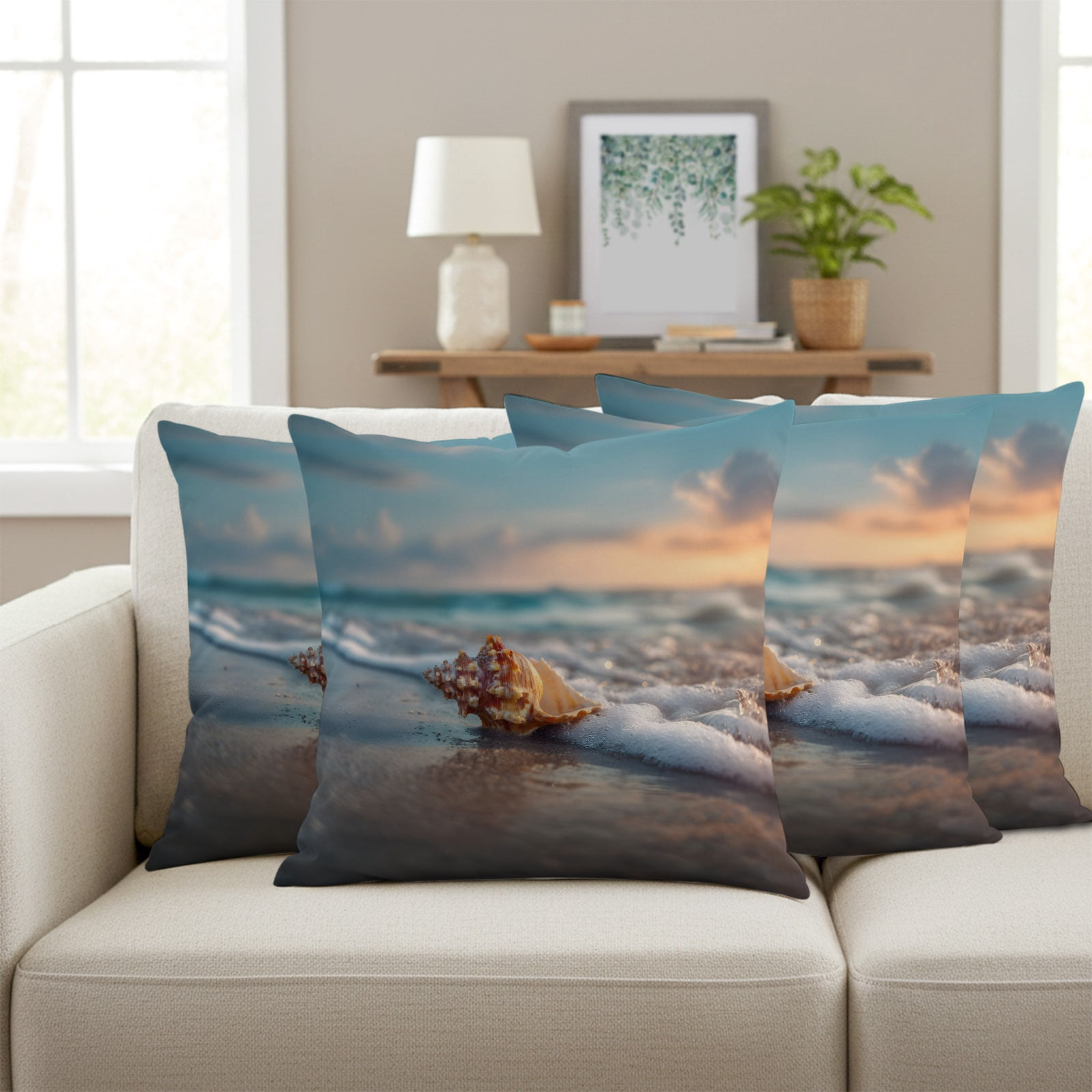 Conch Pillow Covers Set of 4, Sunset Seaside Ocean Waves Seashell Beach ...