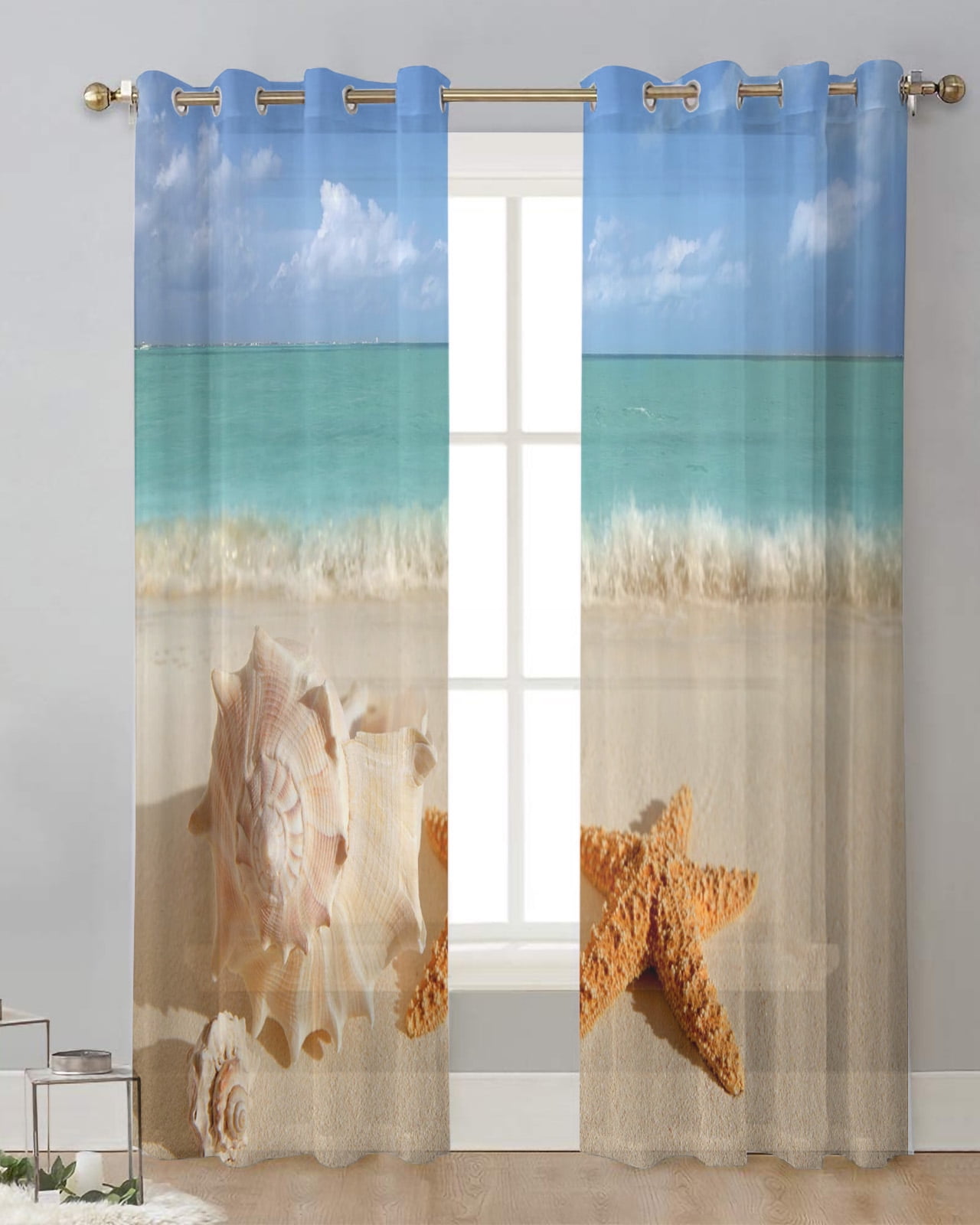 Conch Shells Star Beach Tulle Curtain rative Sheer Curtains for Living ...