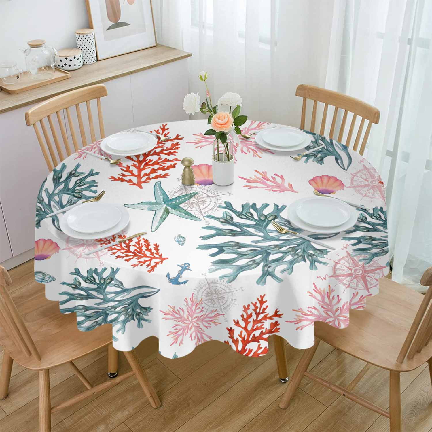 Conch StarShell Stripes Texture Round Tablecloth Waterproof Wedding ...