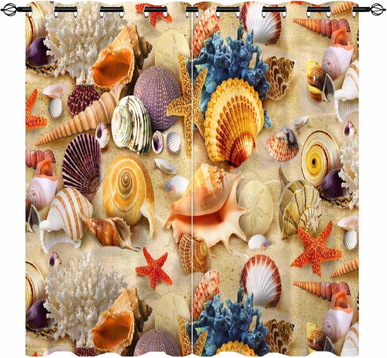 Conch Starfish Curtains, Beach Theme Seashell Coastal Nautical Print ...