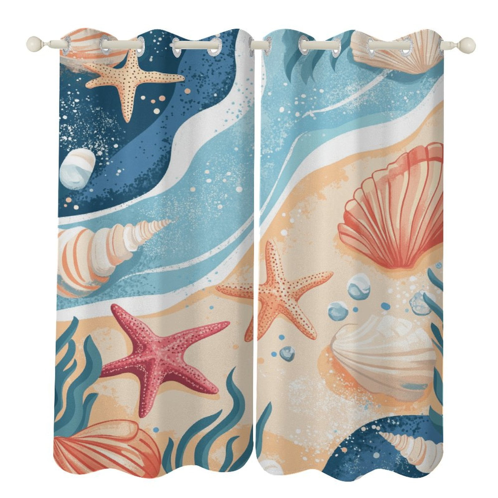 Conch Starfish Shell (13) 2 Panel Curtain Set, Watercolor Painting ...