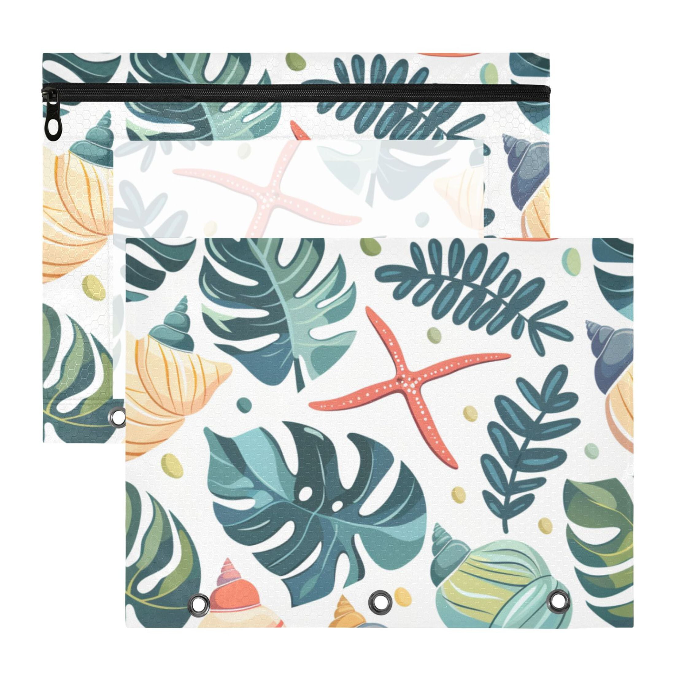 Conch Starfish and Leaves 3-Ring Binder Pouches A4 Size Zipper Pocket ...