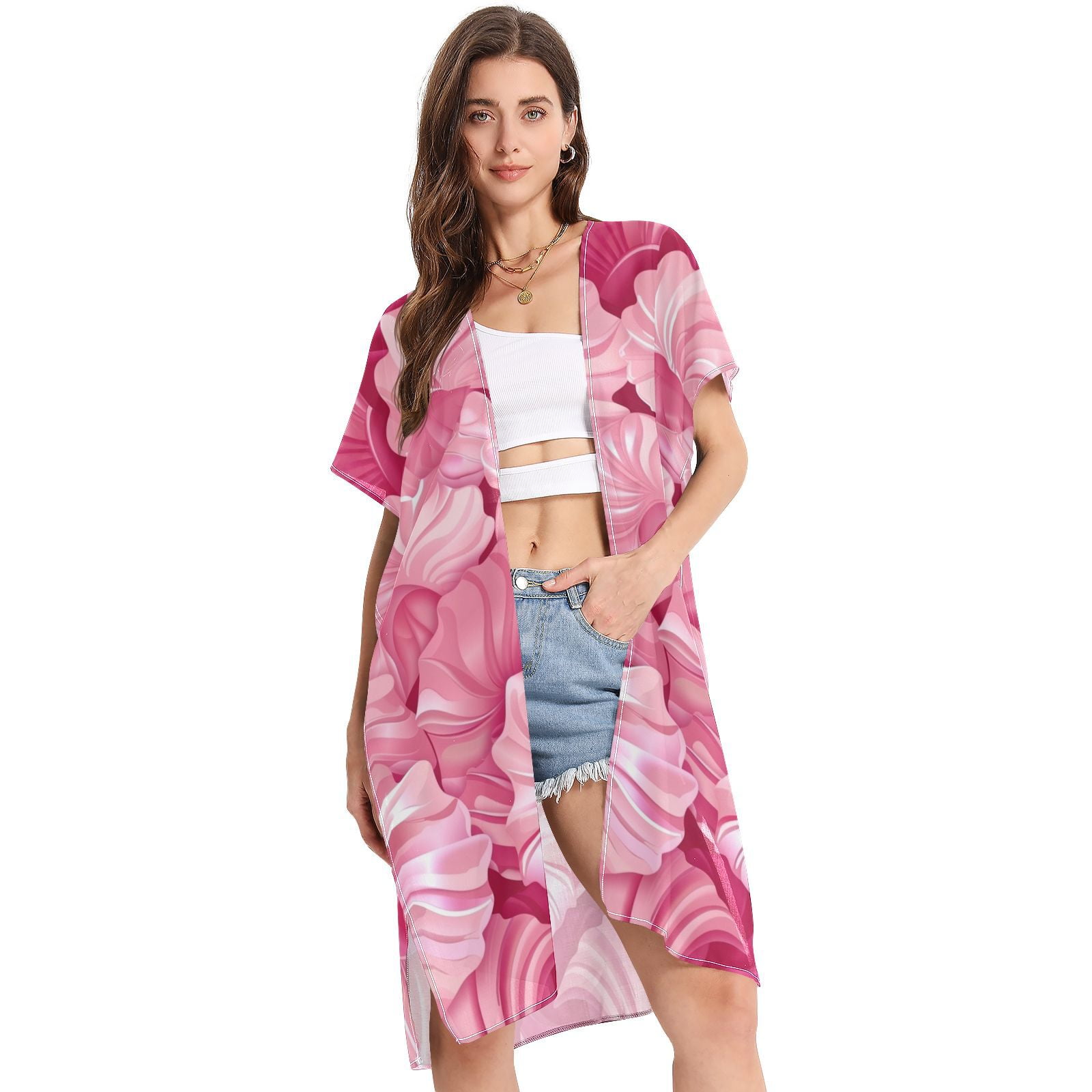 Conches Shells Women Swimsuit Cover up V Neck Beach Dress Short Sleeve ...