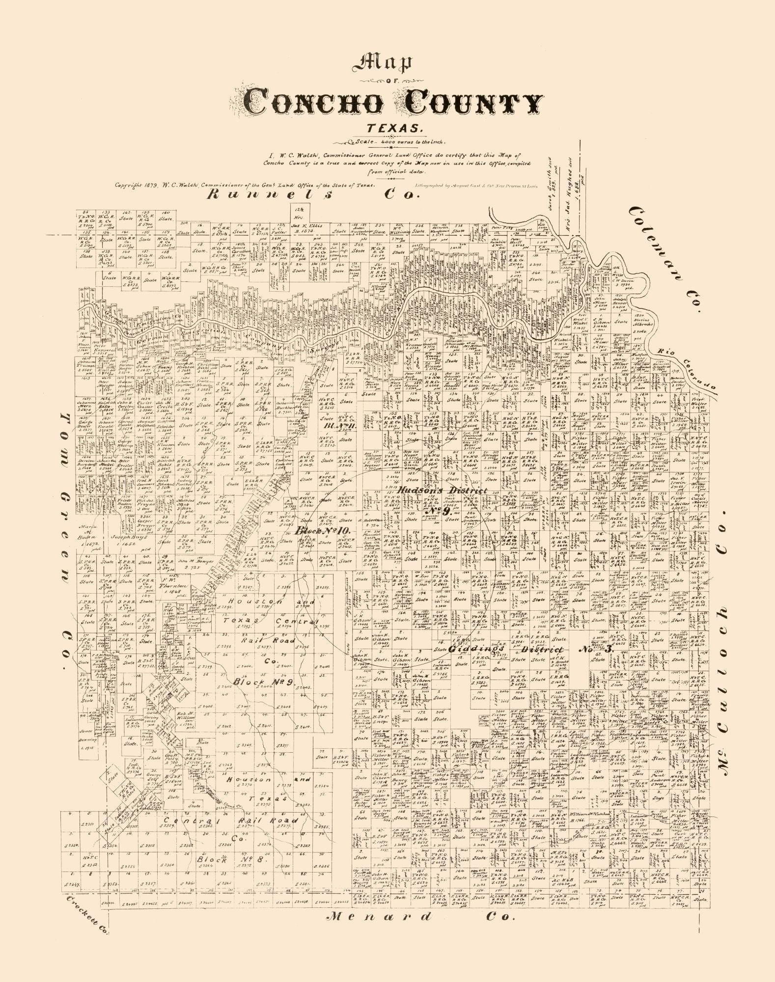 Historic County Map - Concho County Texas - Walsh 1879 - 23 x 29.15 ...