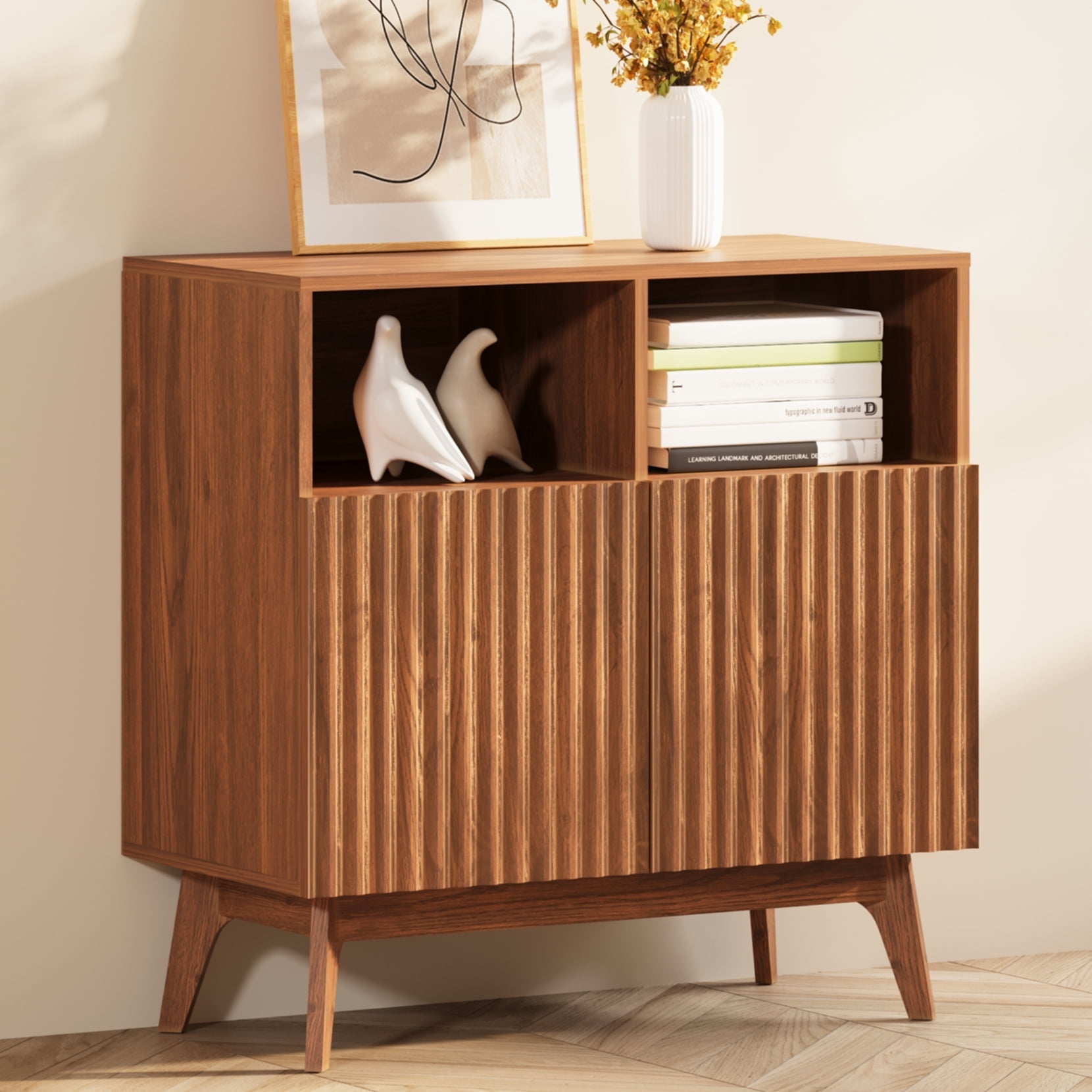 Concho 31.5'' Walnut Fluted Storage Cabinet, Modern Sideboard Buffet with Doors and Shelves ...