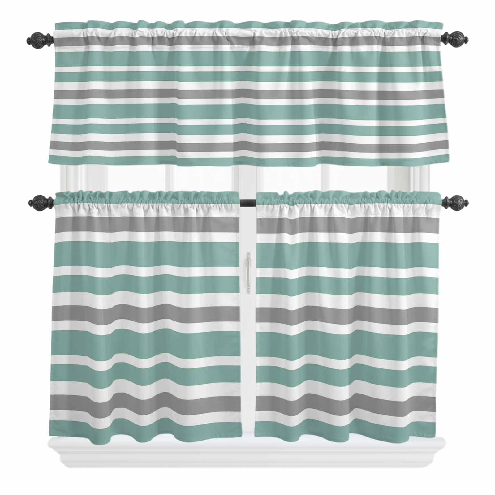 Concise Green Curtain Valances Set Gray White Stripe Kitchen Curtains 36 inch Length Rod Pocket ...