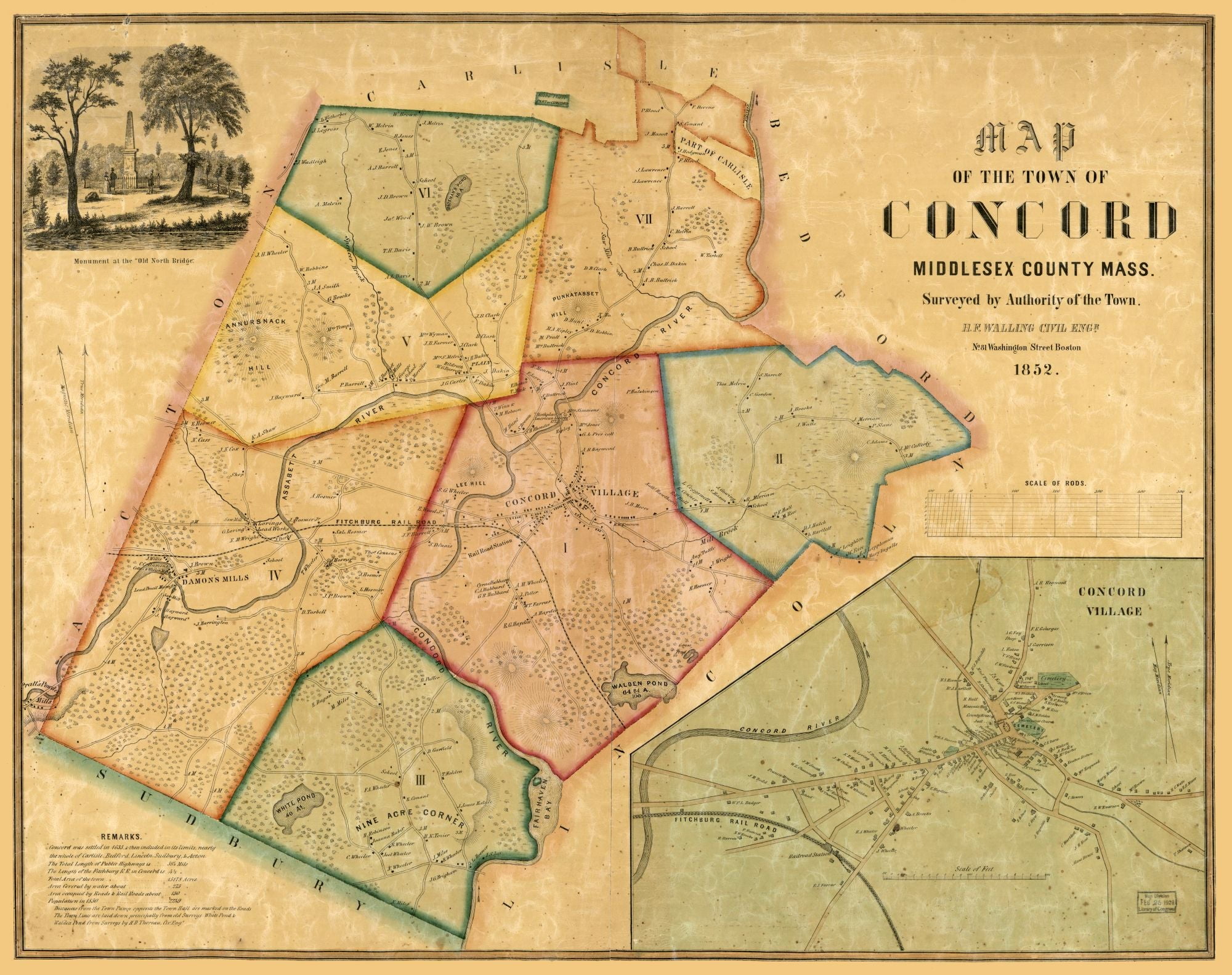 Historic City Map - Concord Massachusetts - Walling 1852 - 29.06 x 23 ...