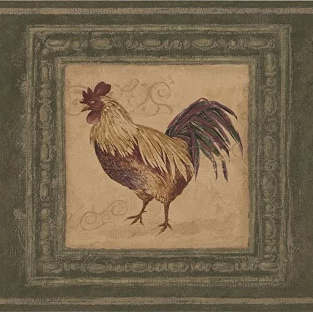 Concord Wallcoverings Wallpaper Border, Country Pattern Roosters, Green ...