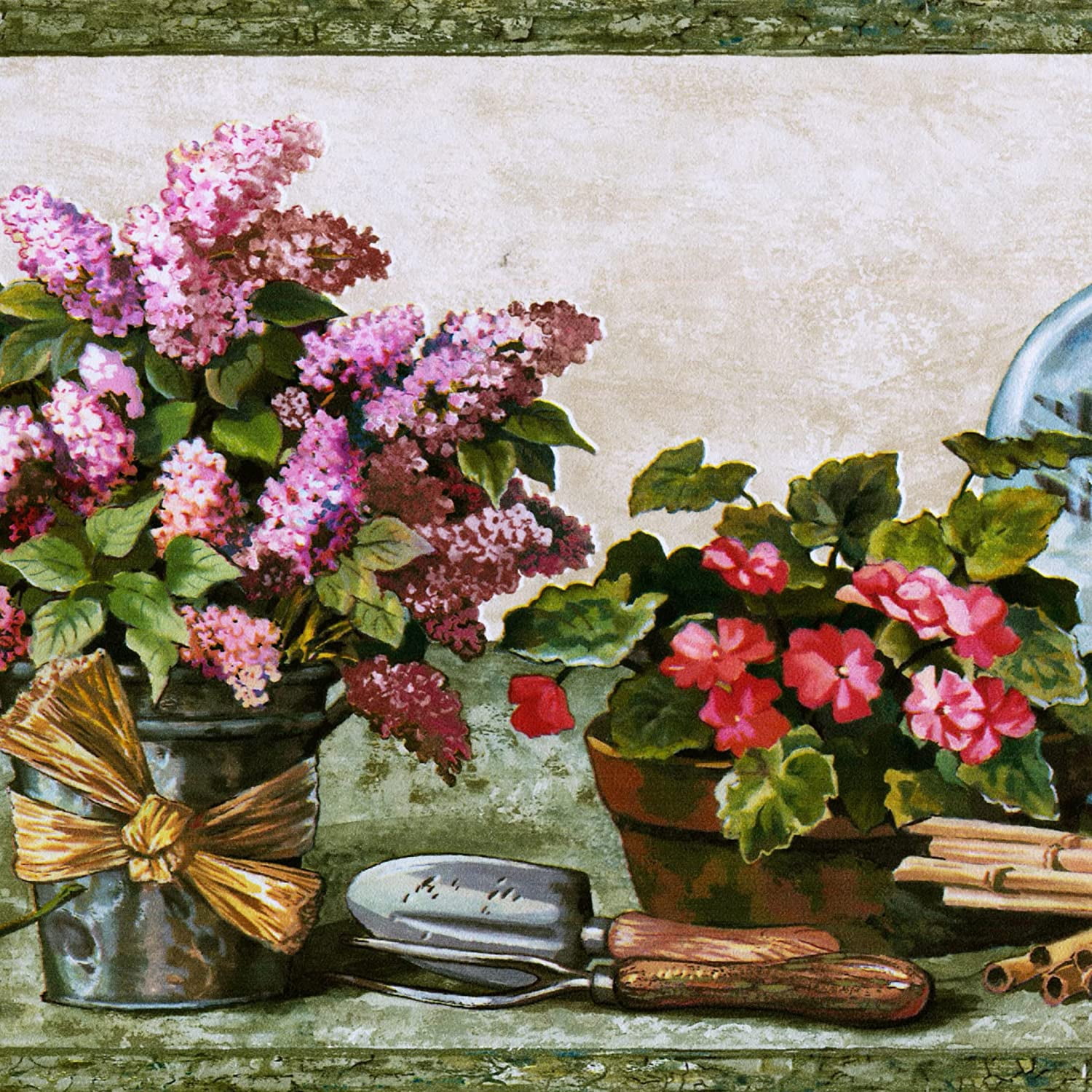 Concord Wallcoverings Wallpaper Border Garden Pattern Flowers Pots ...