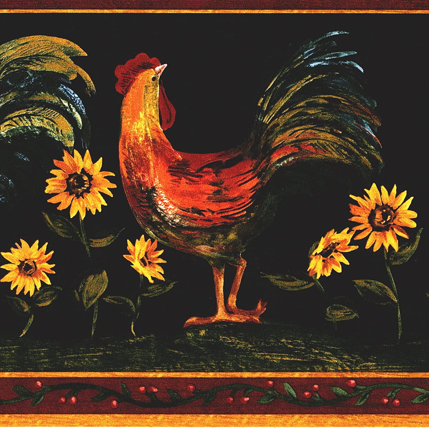 Concord Wallcoverings Wallpaper Border Roosters Pattern Sunflowers ...