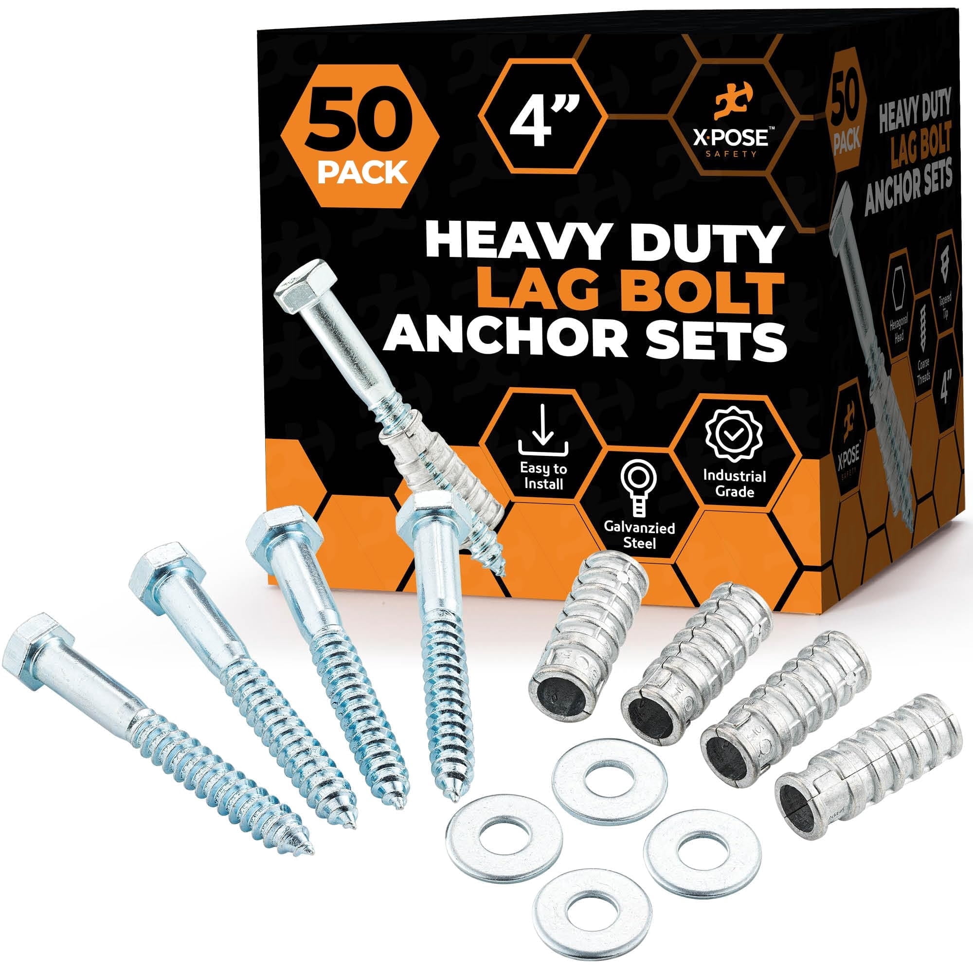 Concrete Anchors Set with 4" Lag Bolt, Lag Shield and Washer - 50 Sets ...