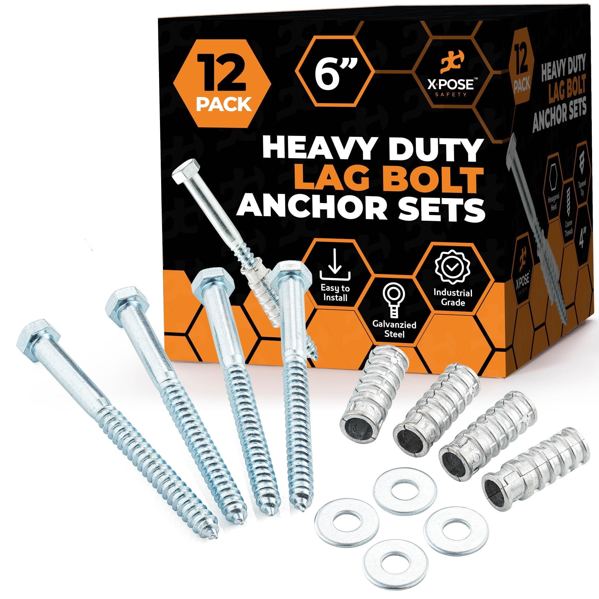Concrete Anchors Set with 6" Lag Bolt, Lag Shield and Washer - 12 Sets ...