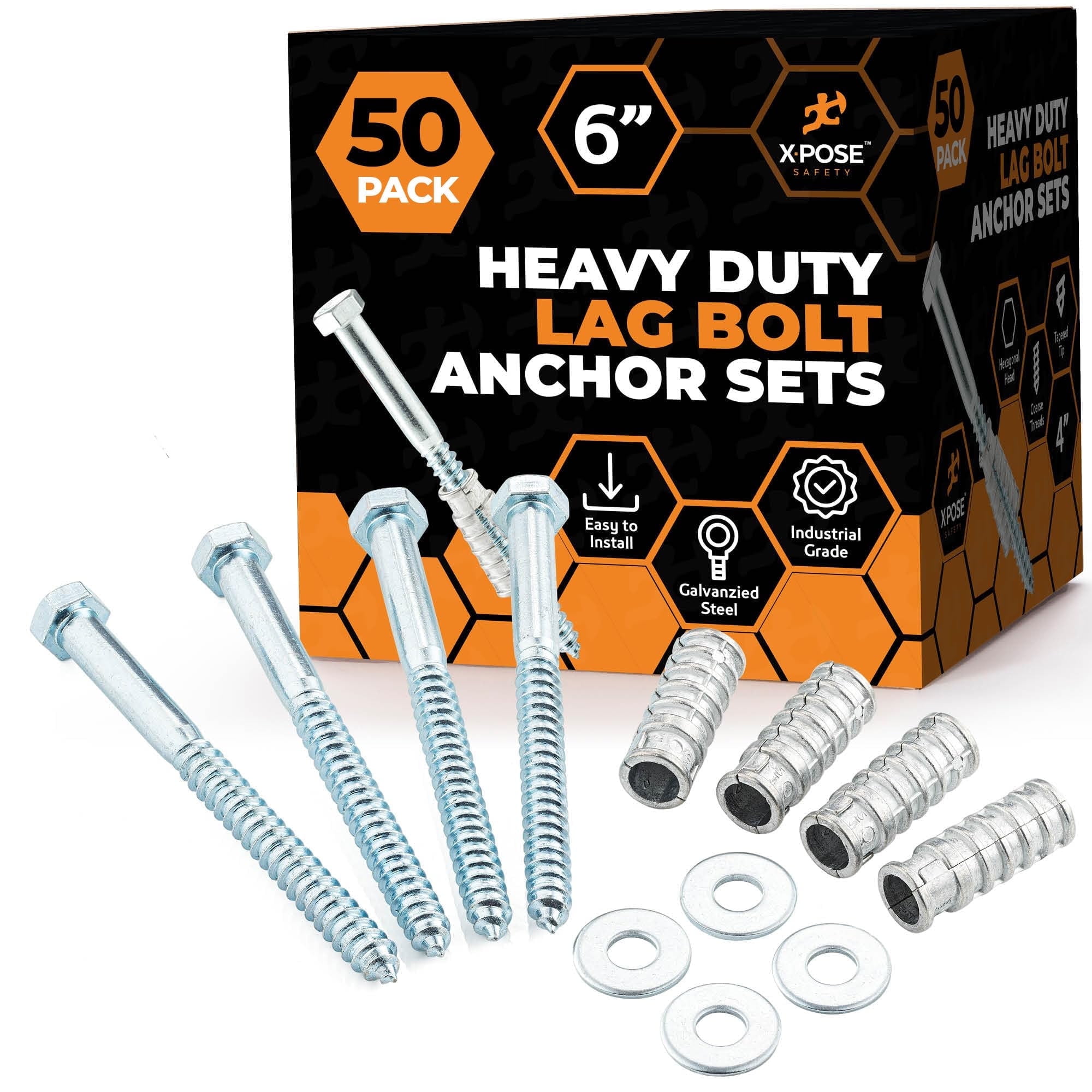 Concrete Anchors Set with 6" Lag Bolt, Lag Shield and Washer - 50 Sets ...