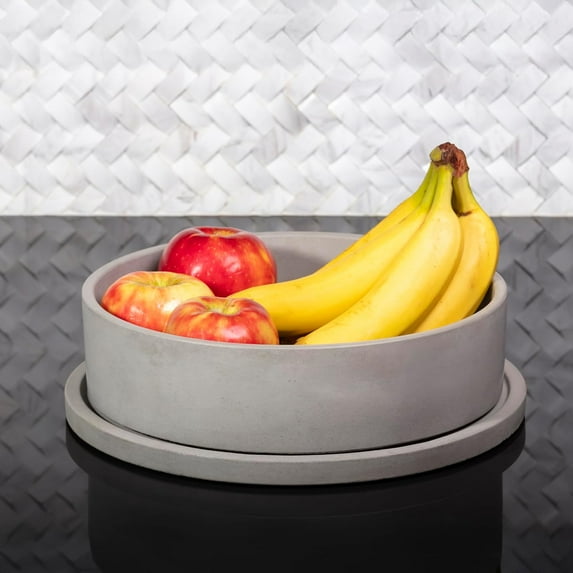 Concrete Fruit Bowl with Tray for Kitchen Counter - Large Decorative ...