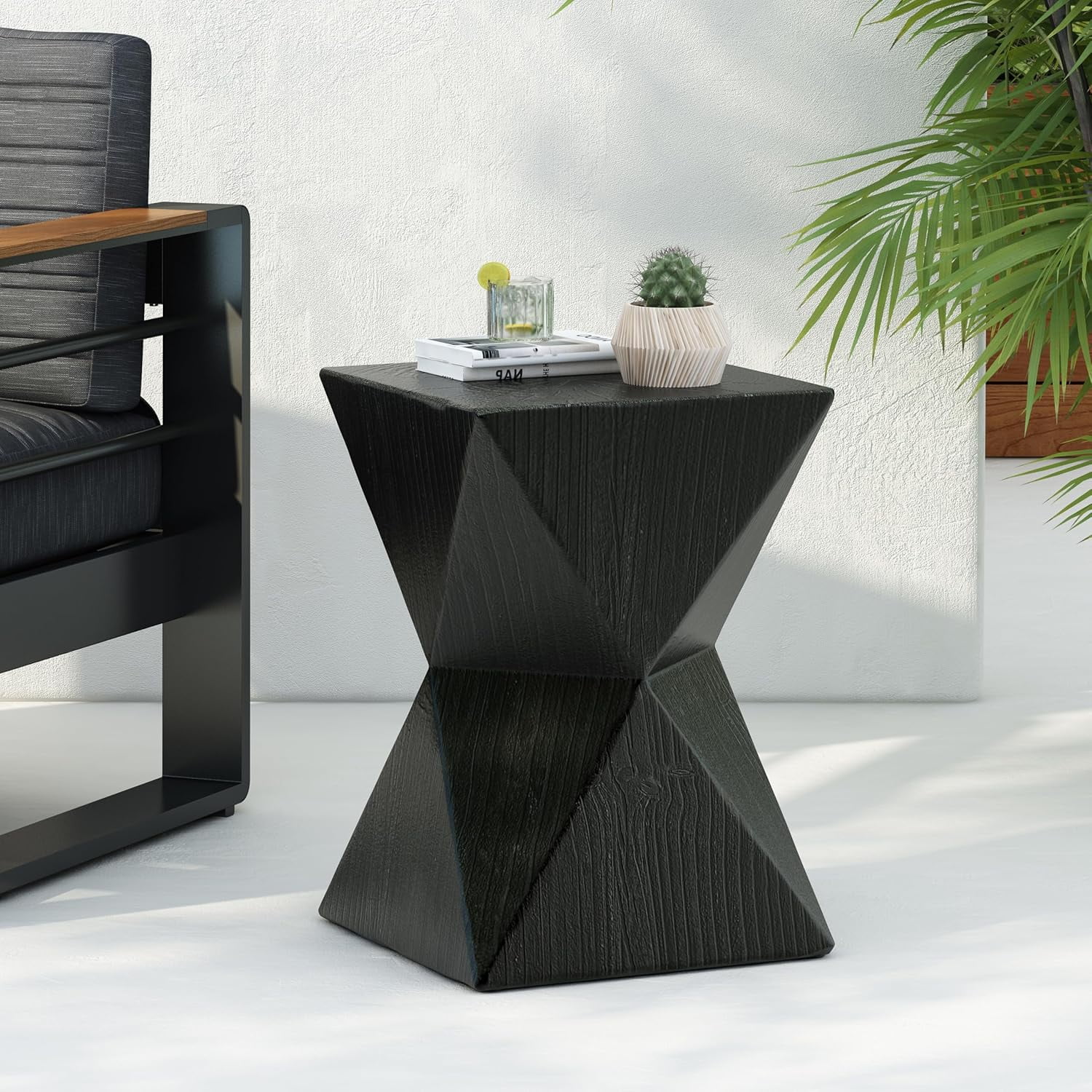 Concrete Outdoor Side Table,Black Prismatic Symmetry Cement Outdoor End ...