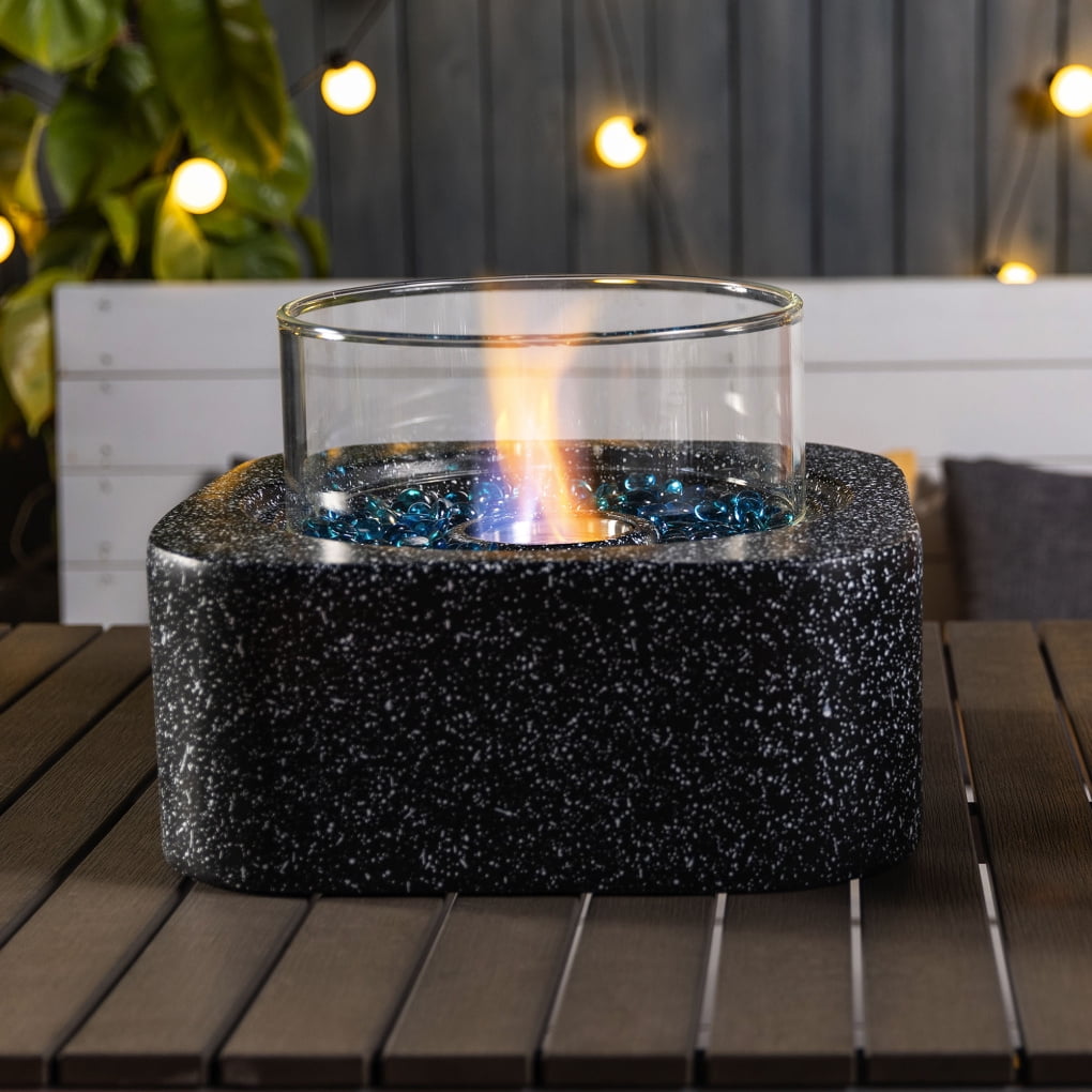 Concrete Tabletop Fire Pit with Glass Wind Guard - Outdoor Portable ...