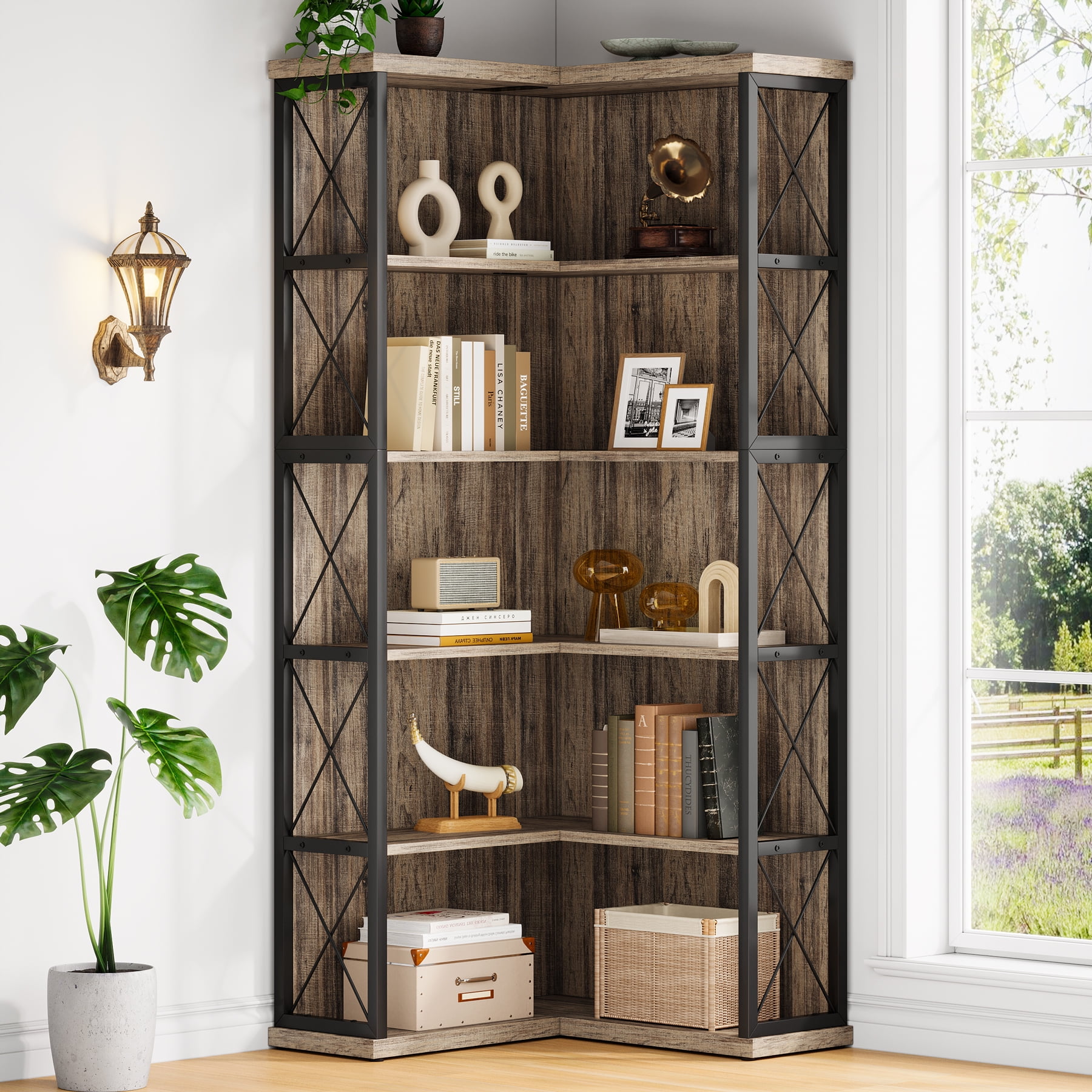 Condemo 5-Tier L Shaped Bookshelf, Vintage Industrial Corner Bookcase ...