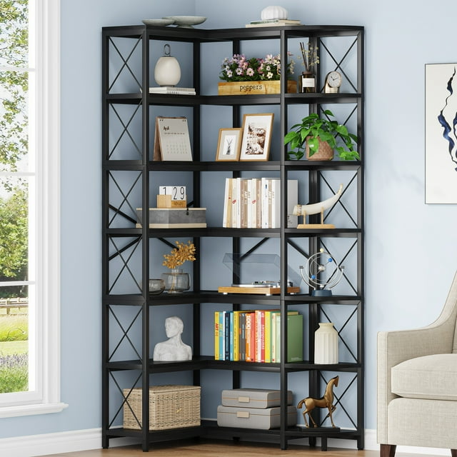 Condemo 7-Shelf Corner Bookshelf, Modern Industrial Tall Bookcase, 7 ...