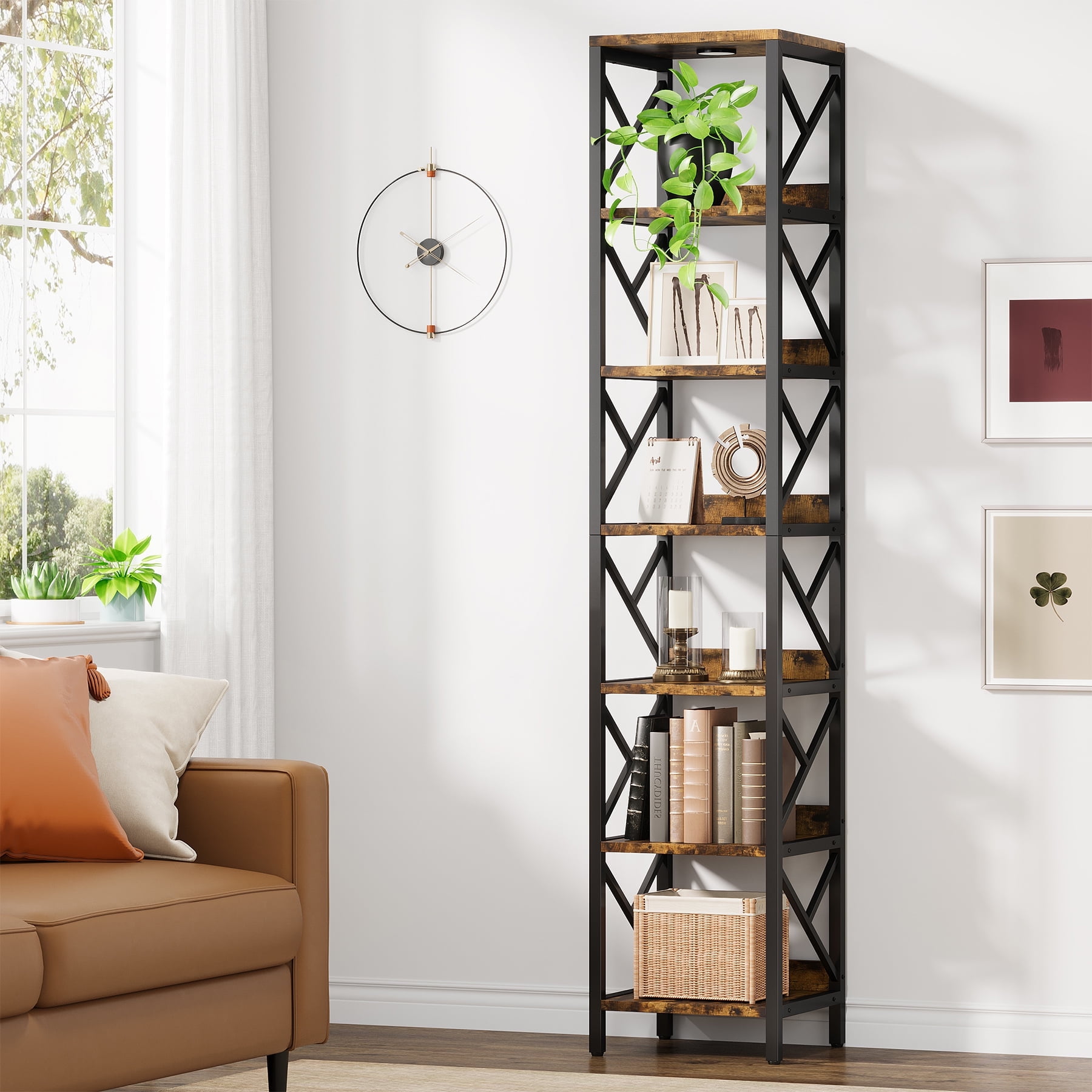 Condemo 78.7 Inch Extra Tall Narrow Bookshelf with LED Light, 7 Tier ...