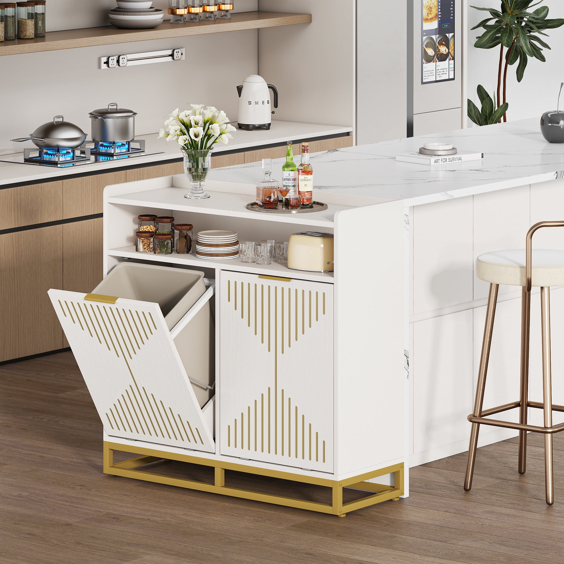 Condemo Double Tilt Out Trash Cabinet, Modern 20 Gallon Recycling Trash ...