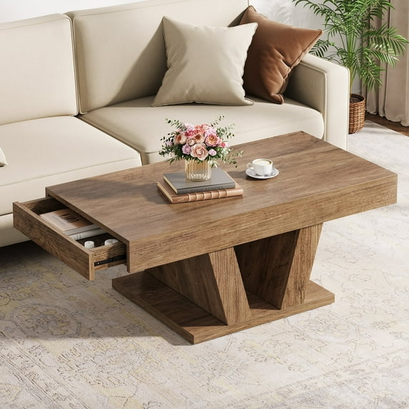 Condemo Farmhouse Coffee Table with 2 Side Drawers, 43 inch Wood Center ...