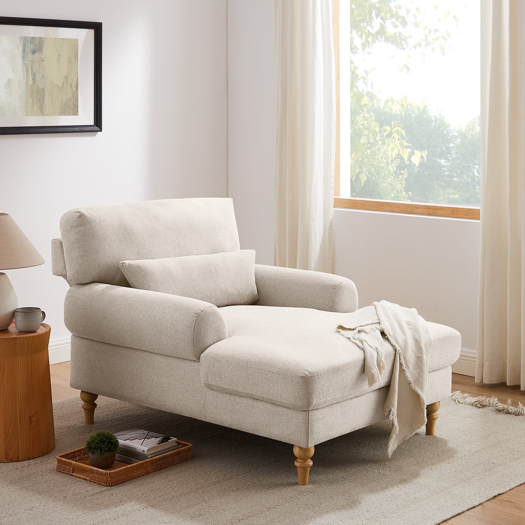 Condemo Indoor Linen Fabric Chaise Lounge Chair, Adjustable Back, Beige ...
