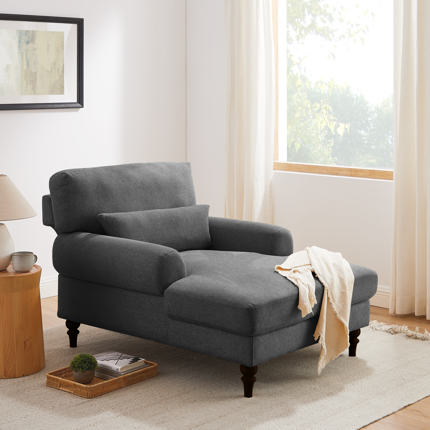 Condemo Modern Linen Fabric Chaise Lounge Chair for Bedroom, Living ...