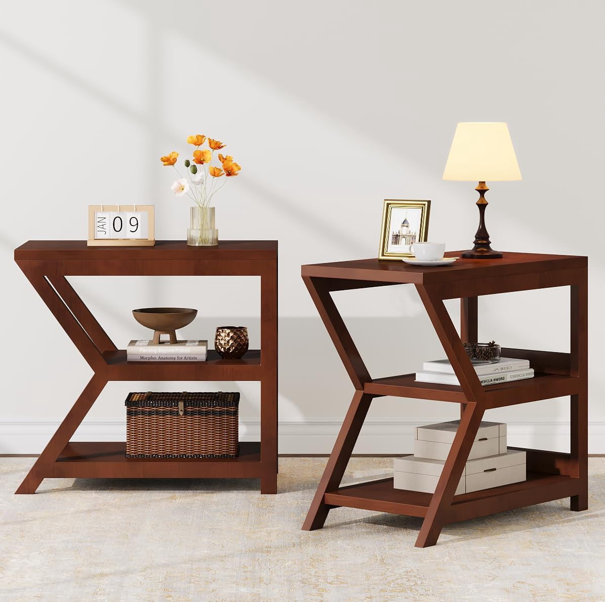 Condemo Solid Wood End Table, 3-Tier Slim Side Table with Open Storage ...