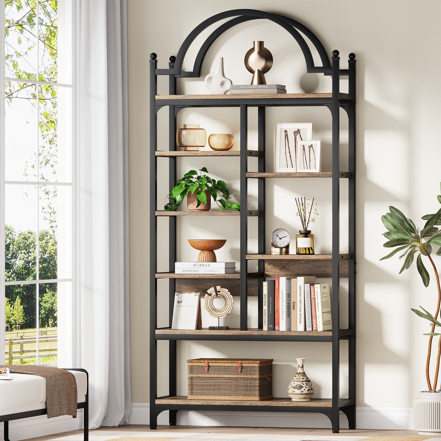 Condemo Tall Bookshelf 8 Tier Industrial Arched Etagere Bookcase Open Display Storage Shelf for Living Room Home Office Rustic Brown